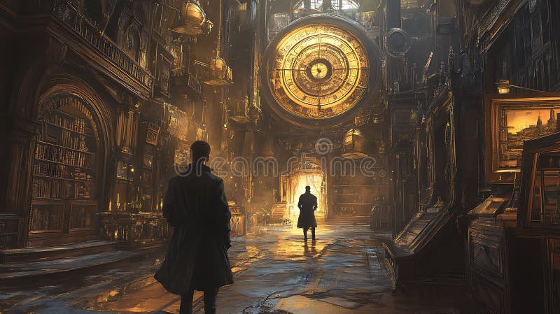 Two Figures in a Mystical Library with a Grand Clock Stock Illustration ...