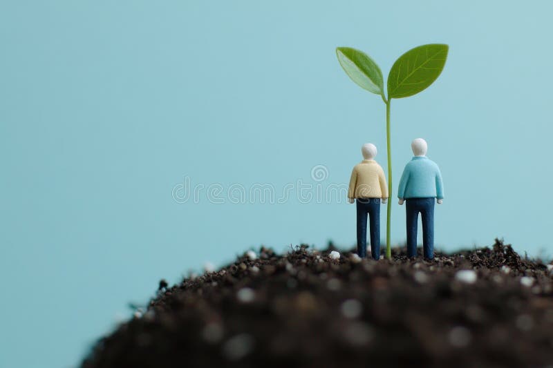 Two Figures Observing a Small Plant Growing from Dark Soil Stock Image ...