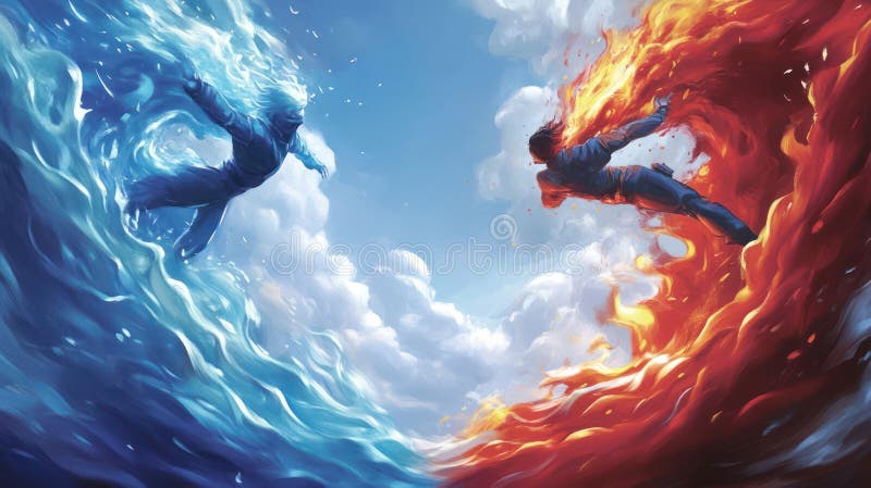 Epic Confrontation: Water and Fire Spirits Clashing in a Sky Battle ...