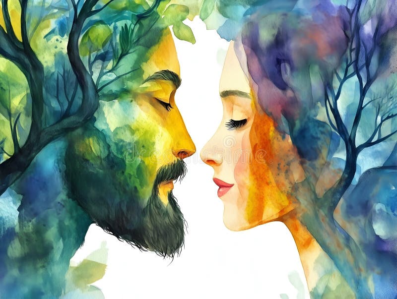 Watercolor Depiction of Two Figures Blending with Nature in a Biblical ...