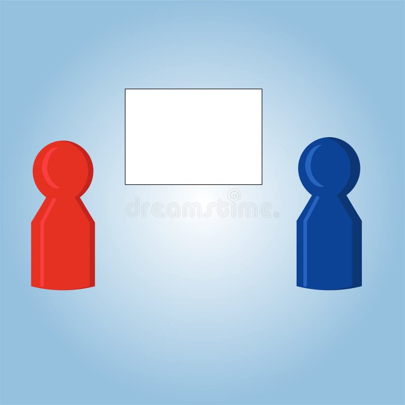 Two Figures, Red and Blue, Stand Near a Poster with Space for Text ...