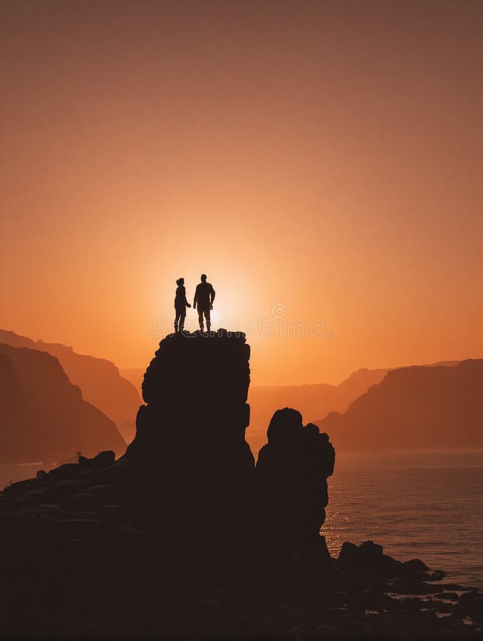 Two Figures Represent Teamwork Against a Sunset Backdrop. Stock Photo ...