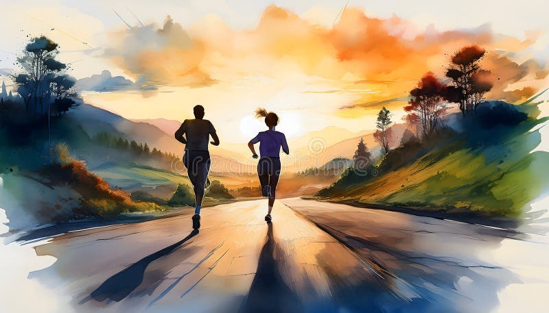 Two Figures Run Side-by-side on a Road Stretching into a Vibrant Sunset ...