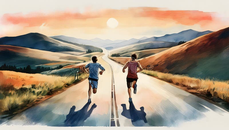 Two Figures Run Side-by-side on a Road Stretching into a Vibrant Sunset ...