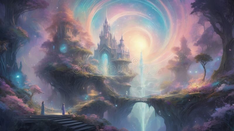 Two Figures Stand in Awe of a Majestic Castle Stock Illustration ...