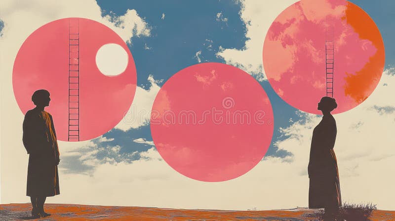 Two Figures Stand Beneath Surreal Circles and Ladders, Evoking ...