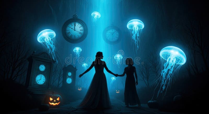 Two Figures Stand in a Dark Surreal Scene with Glowing Jellyfish and ...