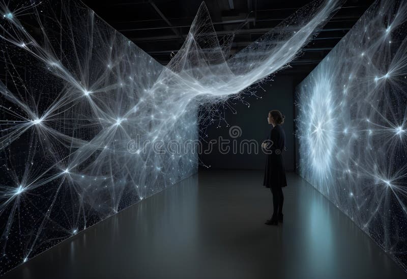 Two Figures Stand in a Darkened Room, Illuminated by a Display of ...