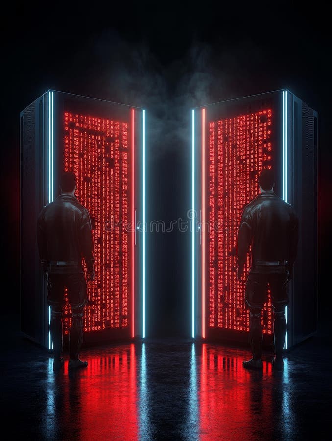 Two Figures Stand Facing Each Other in a Futuristic Server Room ...