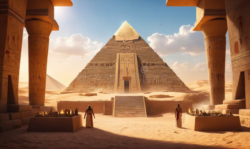 Two Figures Stand in Front of a Large Pyramid in the Desert Stock Photo ...