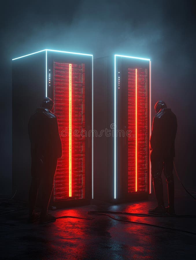 Two Figures Stand Guard in Front of Two Glowing Servers in a Dimly Lit ...