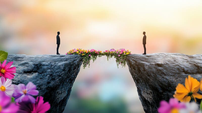 Two Figures Stand on Separate Cliffs Connected by a Bridge of Vibrant ...