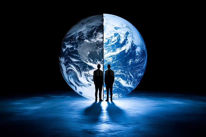 Two Figures Stand before a Split Earth, Displaying Contrasting Colors ...
