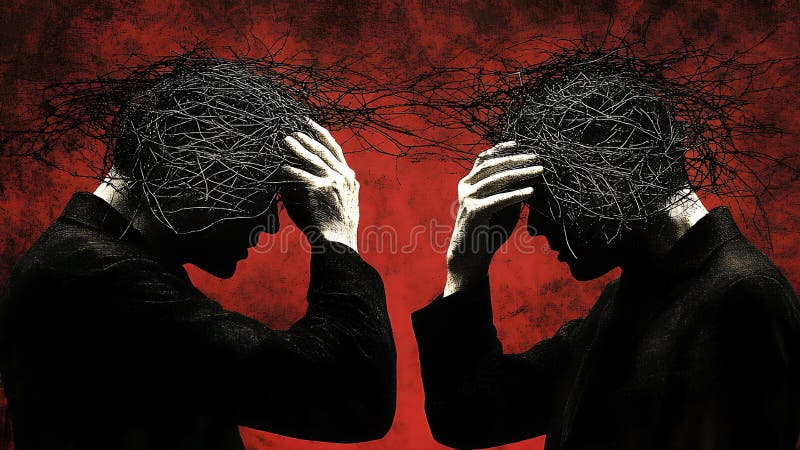 Two Figures Stand with Their Heads Bowed Their Hair Tangled in a Web of ...