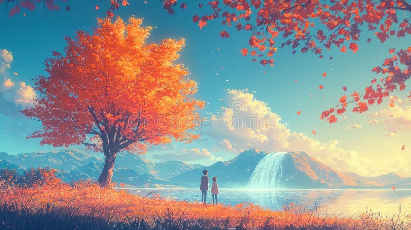 Two Figures Stand by a Waterfall Watching the Fall Leaves of a Tree ...