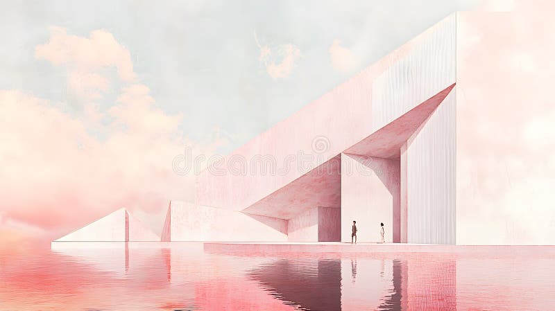 Two Figures Standing on a Pink Geometric Structure Over Water Stock ...