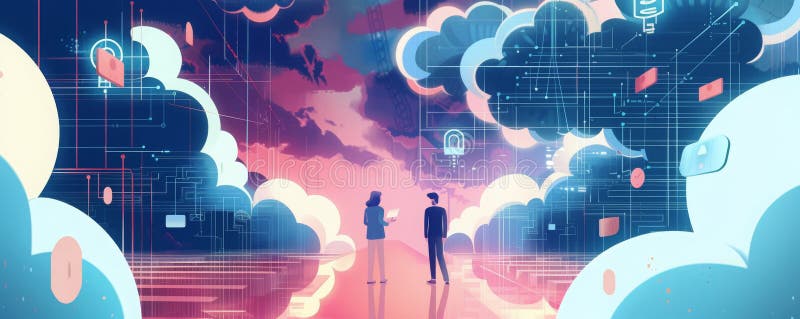 Two Figures Standing before a Surreal Sky Filled with Digital Clouds ...