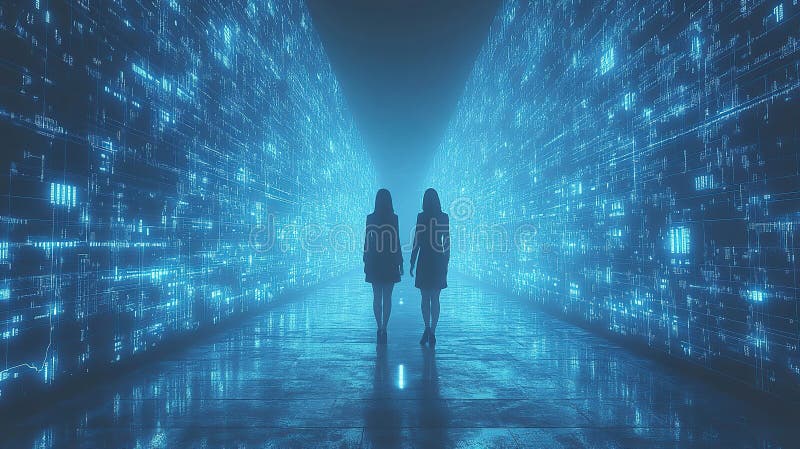 Two Figures Walk Down a Glowing, Digital Corridor Stock Illustration ...