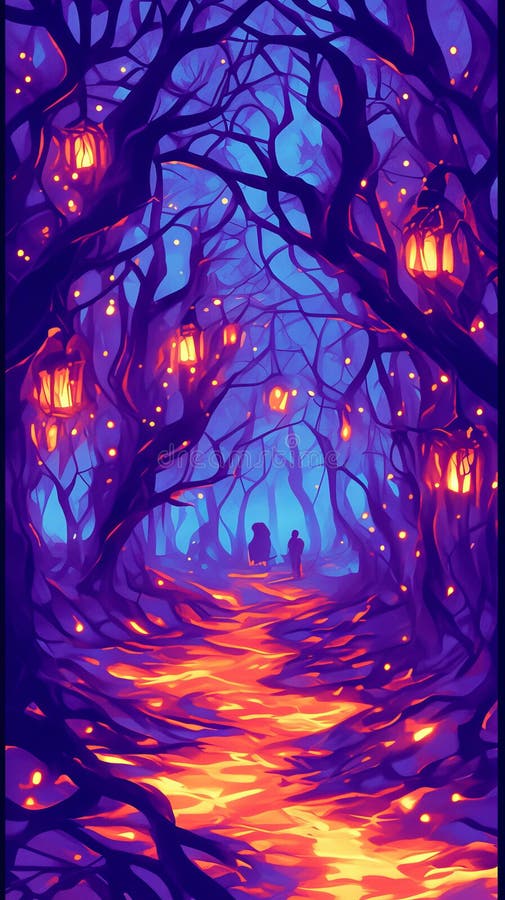 Two Figures Walk Down a Glowing Path in an Enchanted Forest. Stock ...