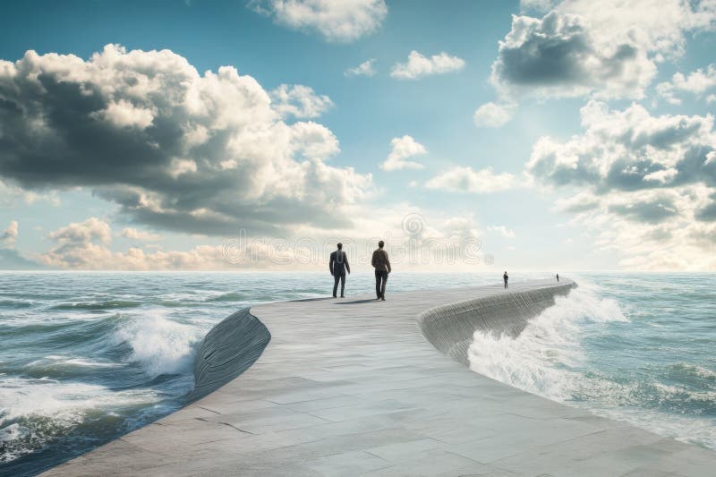 Two Figures Walking Along a Winding Path Over the Ocean Under a ...