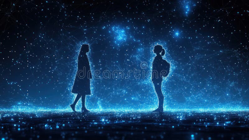 Two Figures Walking Apart Under Starry Night, Digital Art, Connection ...
