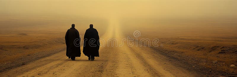 Two Figures Walking on Foggy Desert Path at Sunrise Stock Photo - Image ...