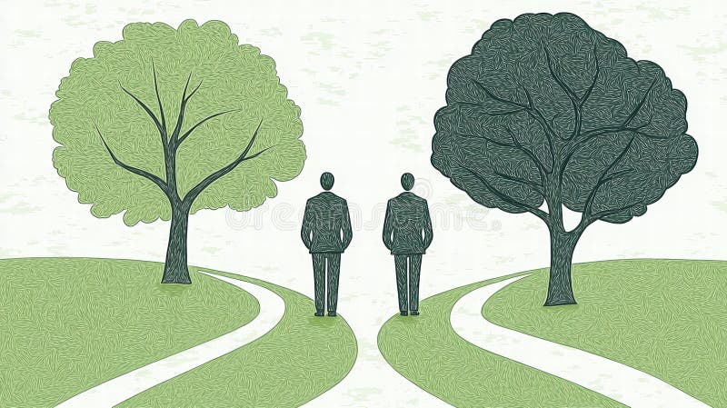 Two Figures Walking on Path between Two Distinct Trees Stock ...