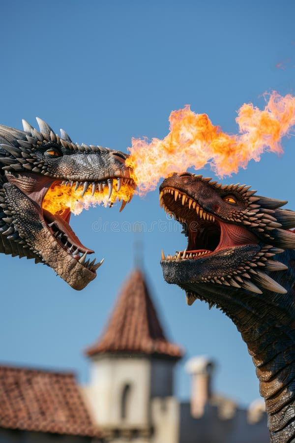 Two Fire-Breathing Dragons Face Off in Fiery Battle, Medieval Castle in ...