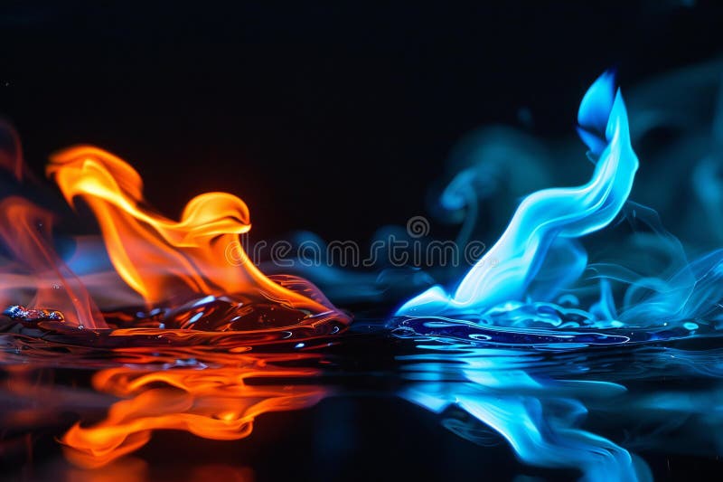 Two Fire Flames with Blue and Blue Water on a Black Background Stock ...