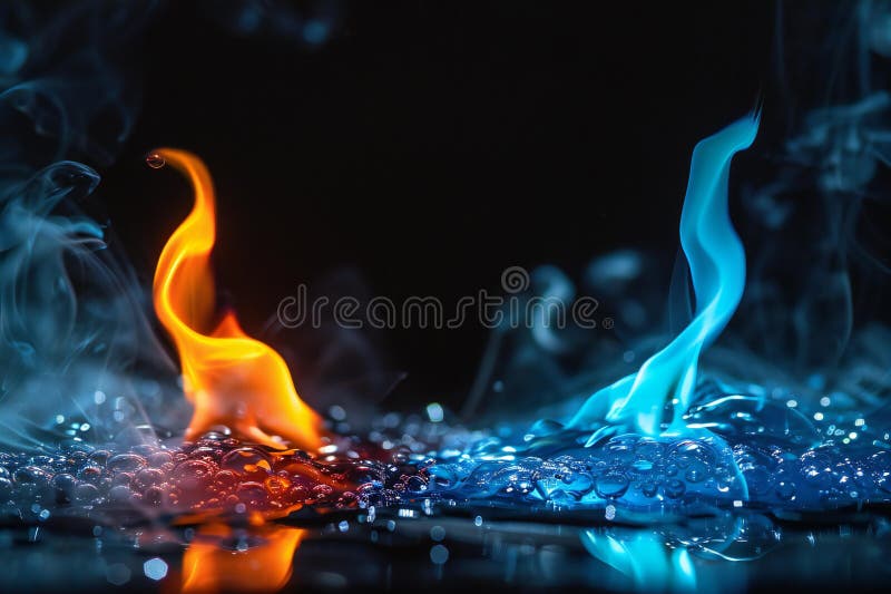 Two Fire Flames with Blue and Blue Water on a Black Background Stock ...