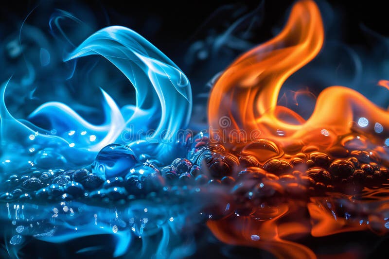 Two Fire Flames with Blue and Blue Water on a Black Background Stock ...