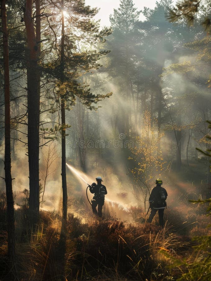 Two Firefighters Battle a Forest Fire Amidst a Hazy, Sunlit Backdrop ...
