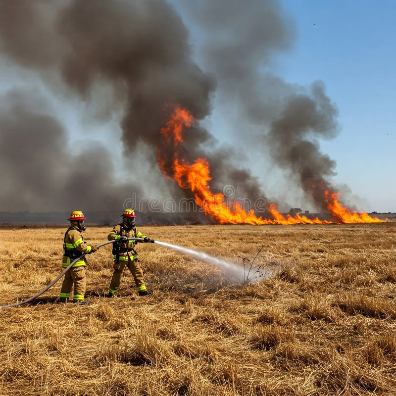 Two Firefighters Combat a Large Grass Fire with Water Hoses Stock ...