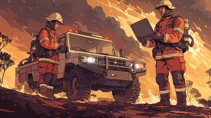 Two Firefighters Coordinating Tasks Near a Vehicle during a Wildfire ...