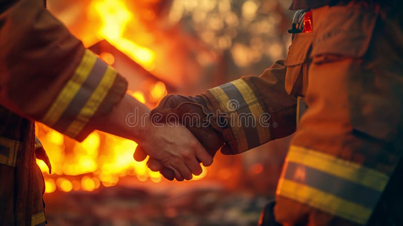 Two Firefighters Shaking Hands in Front of a Blazing Fire, Symbolizing ...