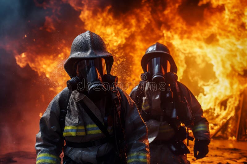 Two Firefighters in Uniform, Against the Background of the Fire Stock ...