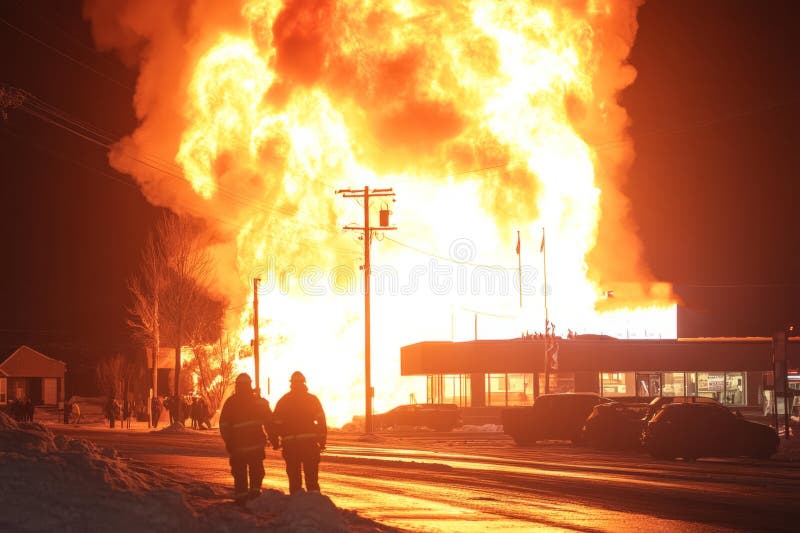 Two Firefighters Watching a Burning Building Engulfed in Flames at ...
