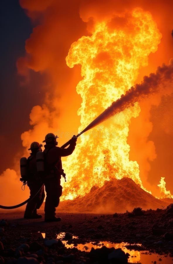 Firefighters Extinguishing a Massive Blaze with Water Hose Stock ...