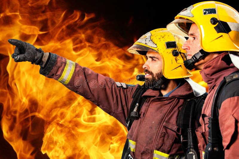 Two Firemen Analyzing Fire. Stock Image - Image of flames, glove: 48730221