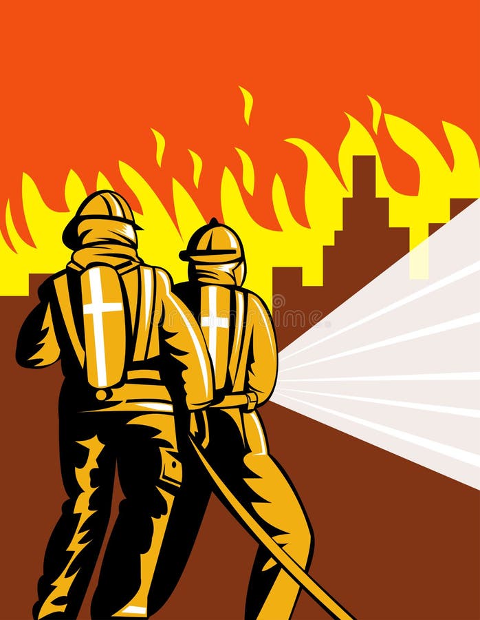 Two Firemen Fighting City on Fire Stock Vector - Illustration of hero ...