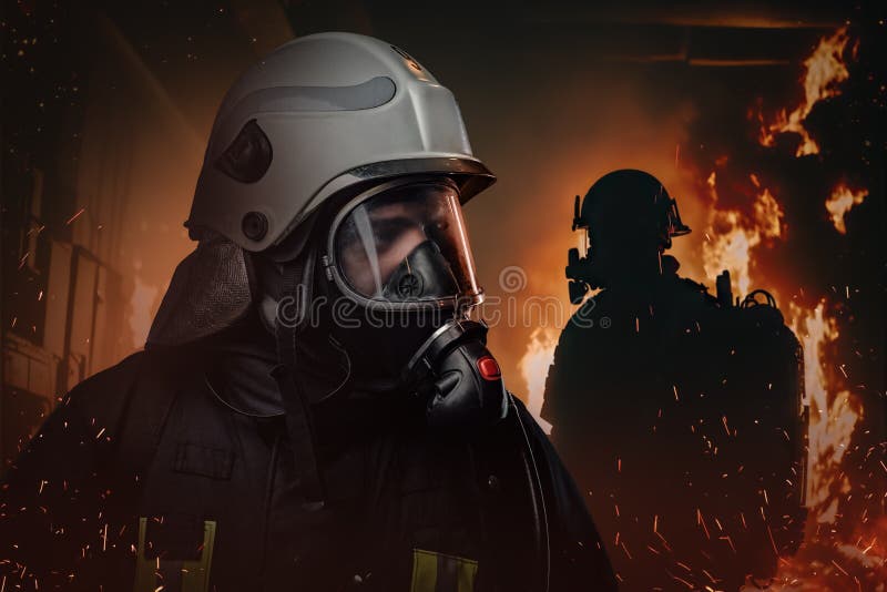 Two Firemen Working Together Putting Out Fire in Burning Building Stock ...