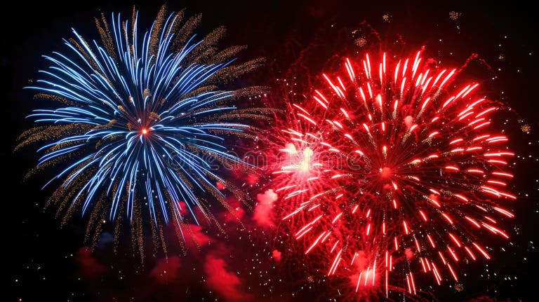 Two Fireworks are Lit Up in the Sky, One Blue and One Red Stock Image ...