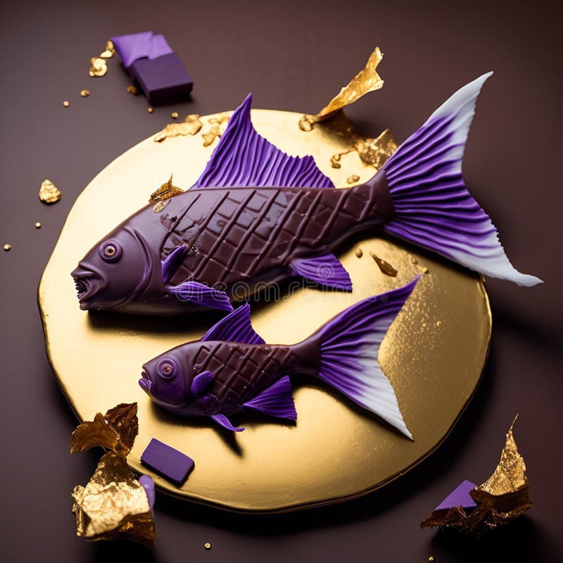 Two Fish are on a Gold Plate with Chocolate Sauce and Chocolate. Stock ...