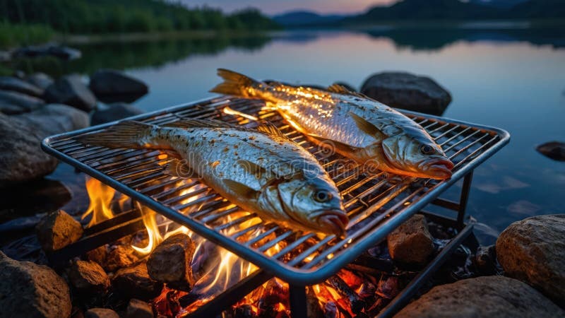 Two Fish Grilling Over an Open Flame by a Serene Lakeside at Sunset ...
