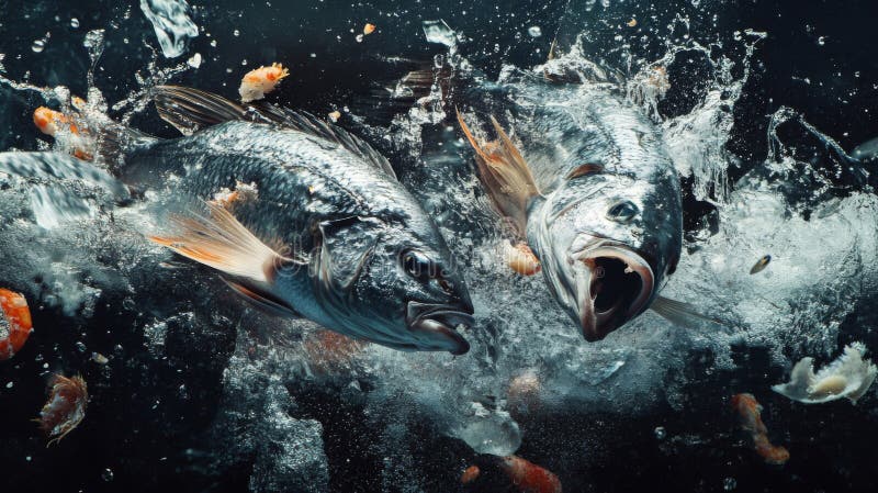 Two Fish Leaping in Dark Water Splash Stock Illustration - Illustration ...