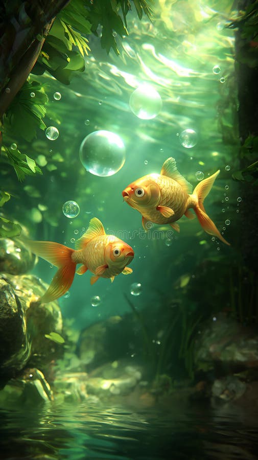 Two Fish Looking through the Screen at the Audience Swimming in Clear ...