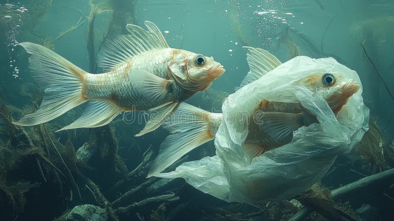 Two Fish Navigate Surreal Underwater Landscape. One Fish Swims ...