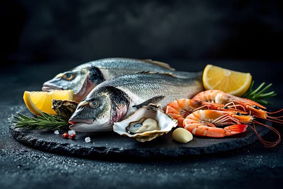 Two Fish, One of Which is a Blue Cod, are on a Black Plate Stock ...
