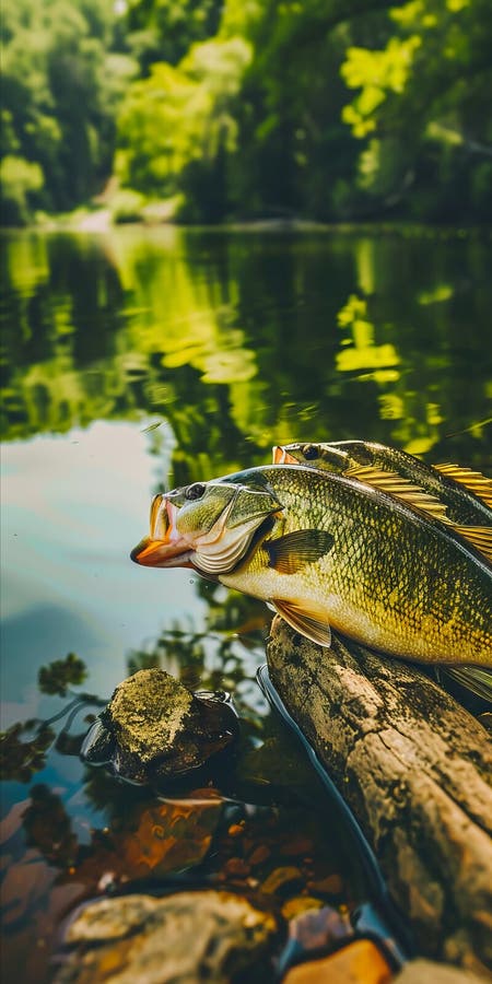Two Fish are Sitting on a Log in a River Stock Image - Image of pond ...