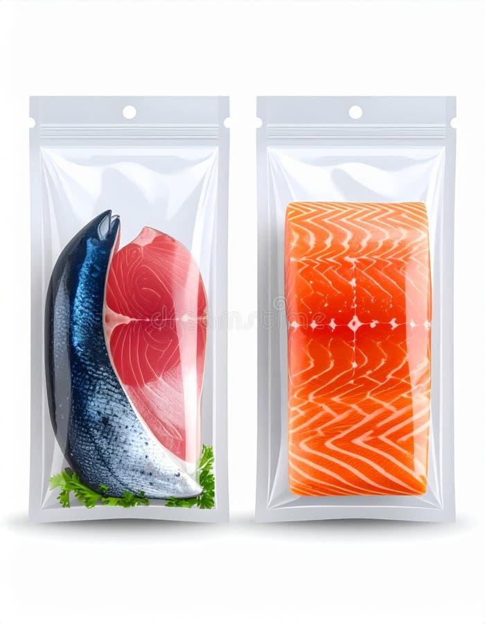 Two Fish Steaks in Transparent Packaging with White Background Design ...